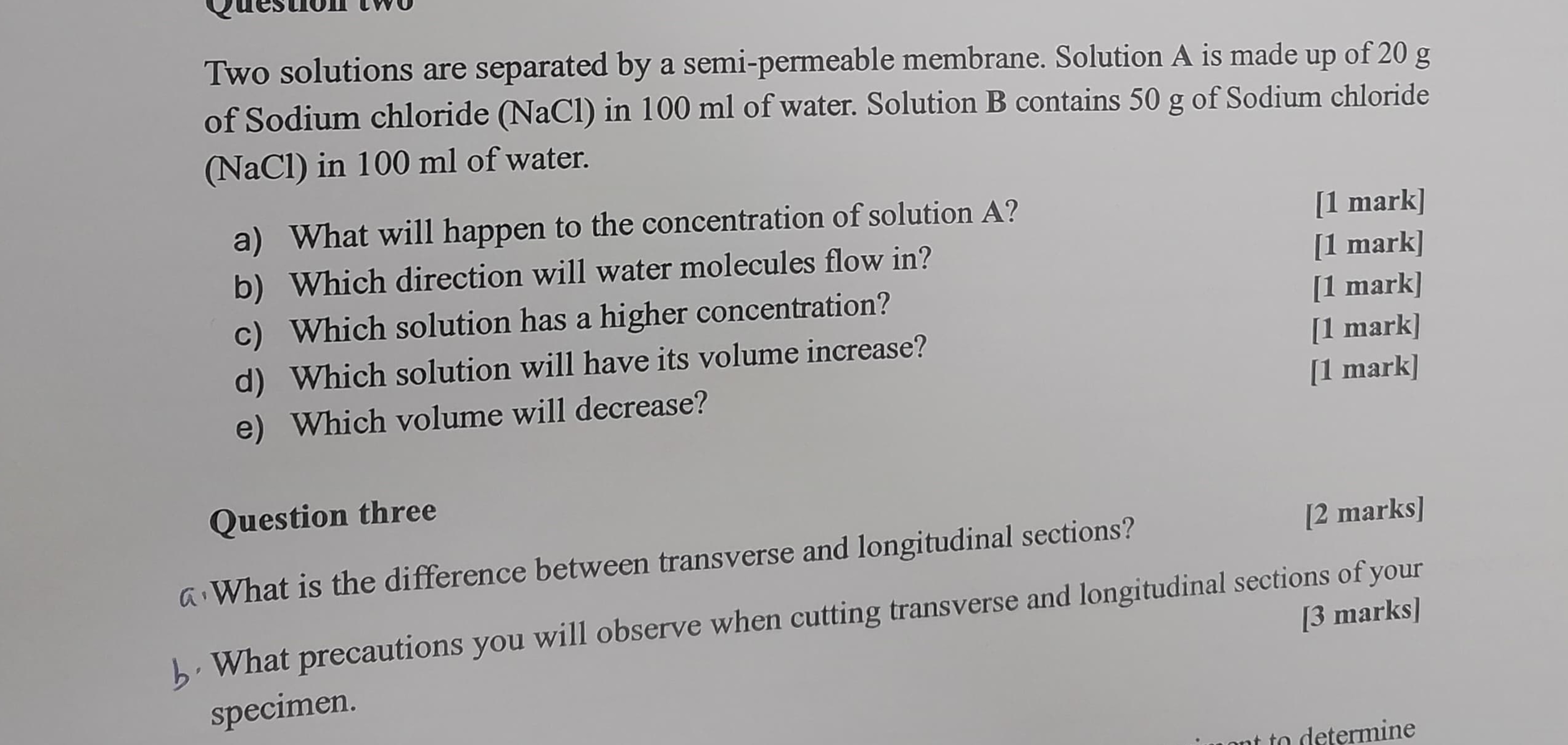 Two solutions are separated by a semi-permeable membrane. Solution A is m..