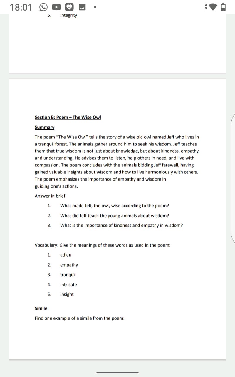 Poem - The Wise Owl The poem "The Wise Owl" tells the story of an old, w..