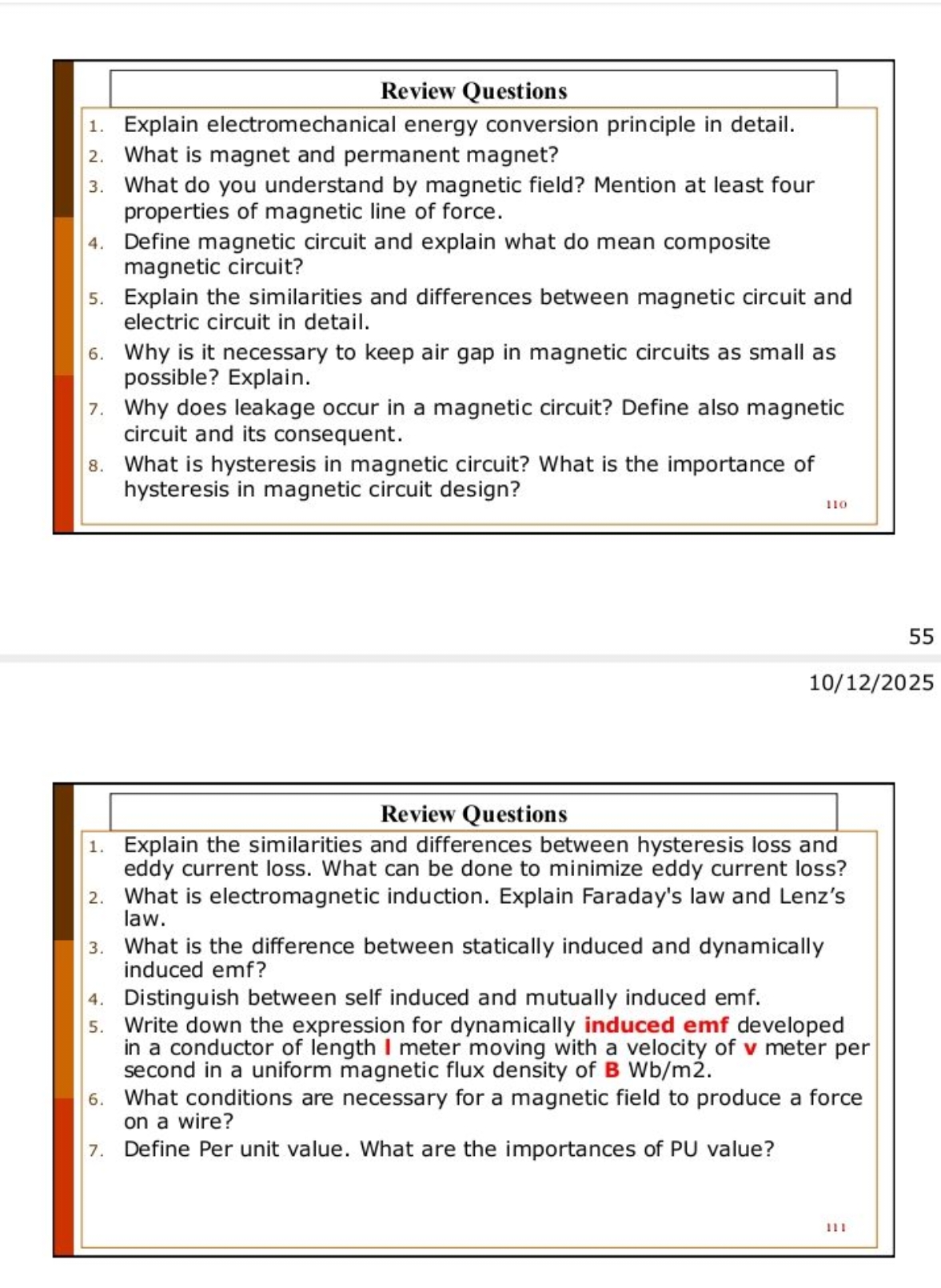 Review Questions Explain electromechanical energy conversion principle i..