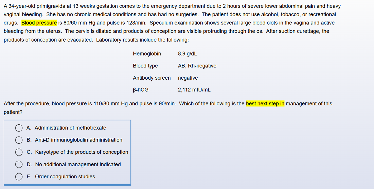 A 34-year-old primigravida at 13 weeks gestation comes to the emergency d..