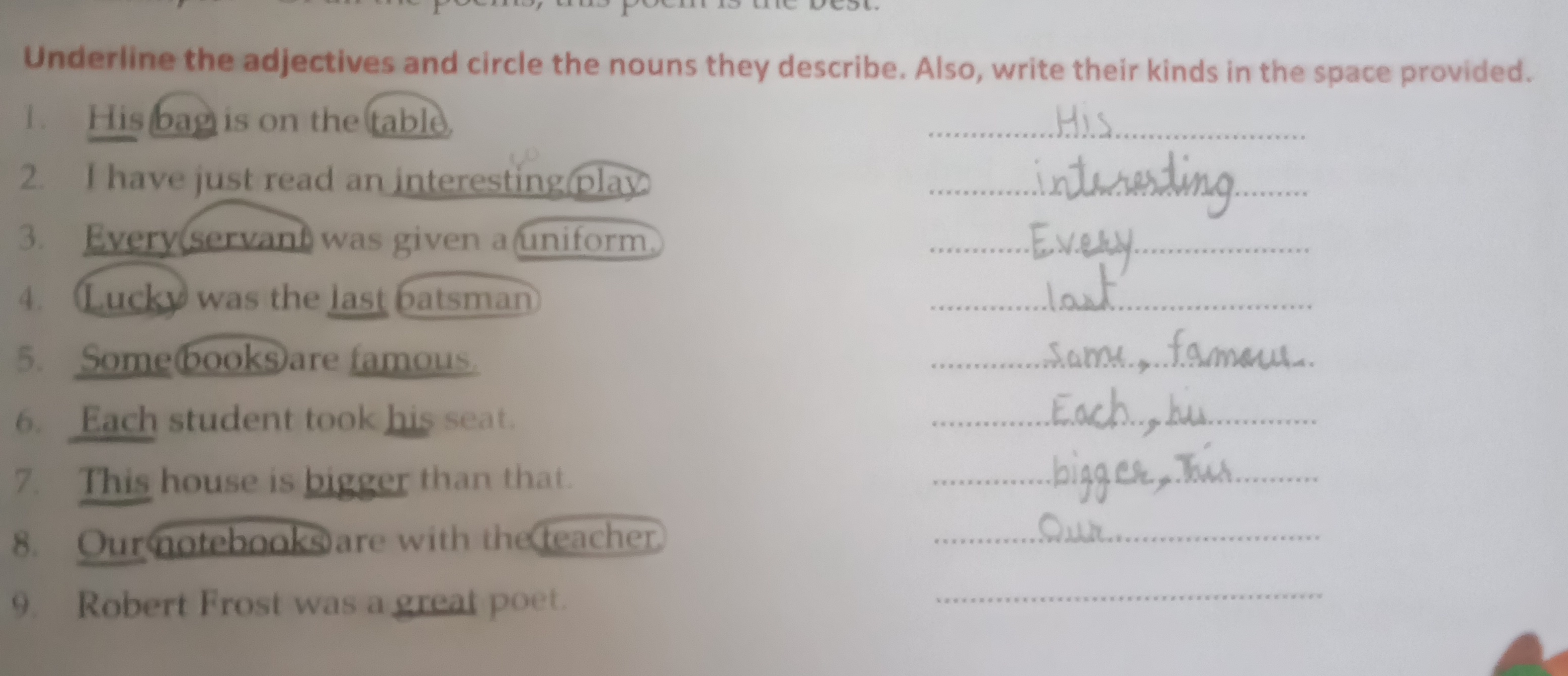 Underline the adjectives and circle the nouns they describe. Also, write