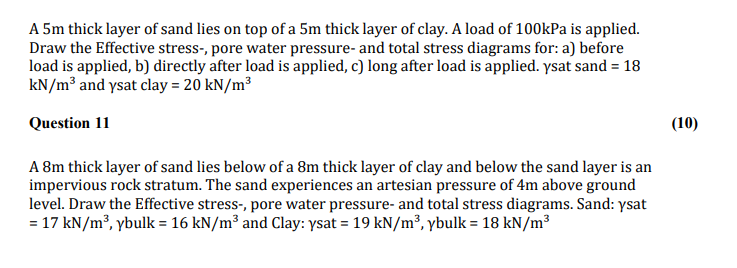 A 5m thick layer of sand lies on top of a 5m thick layer of clay. A load