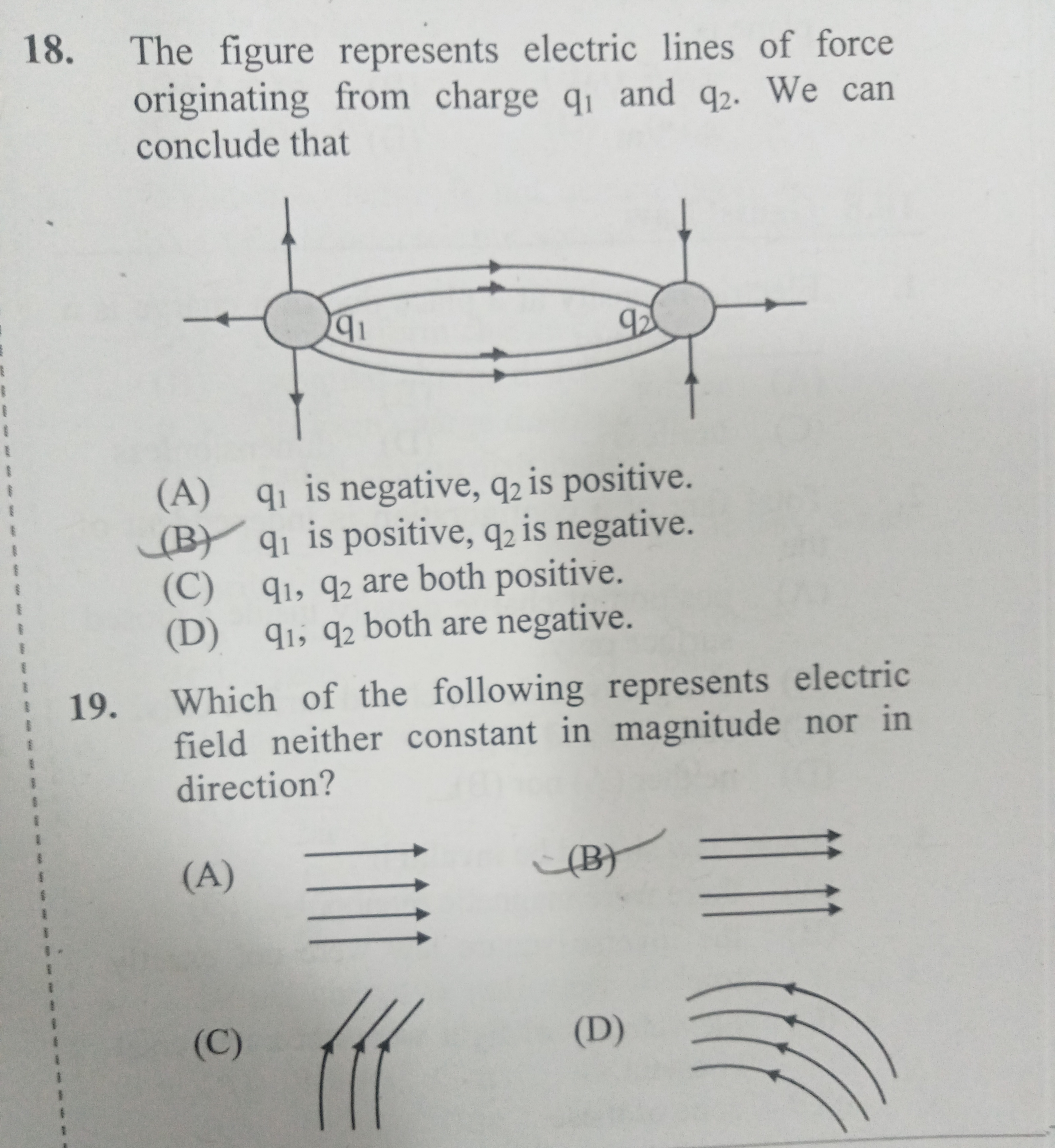 The figure represents electric lines of force originating from charge q₁