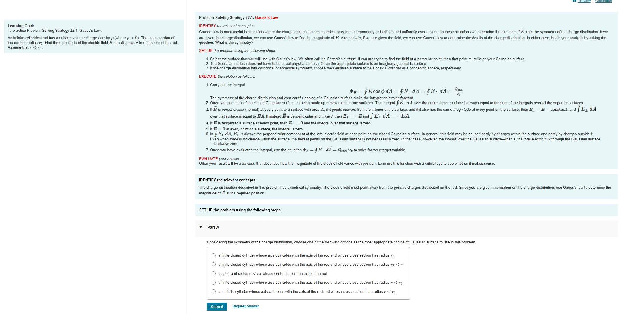 An infinite cylindrical rod has a uniform volume charge density \rho (whe..