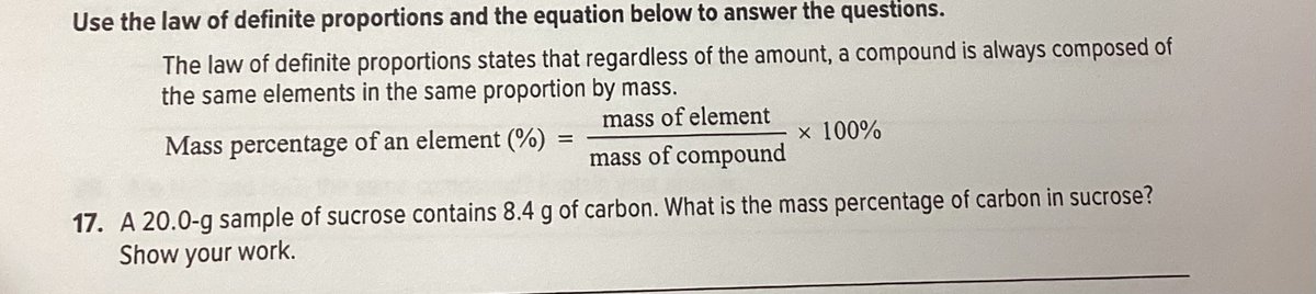 Use the law of definite proportions and the equation below to answer the