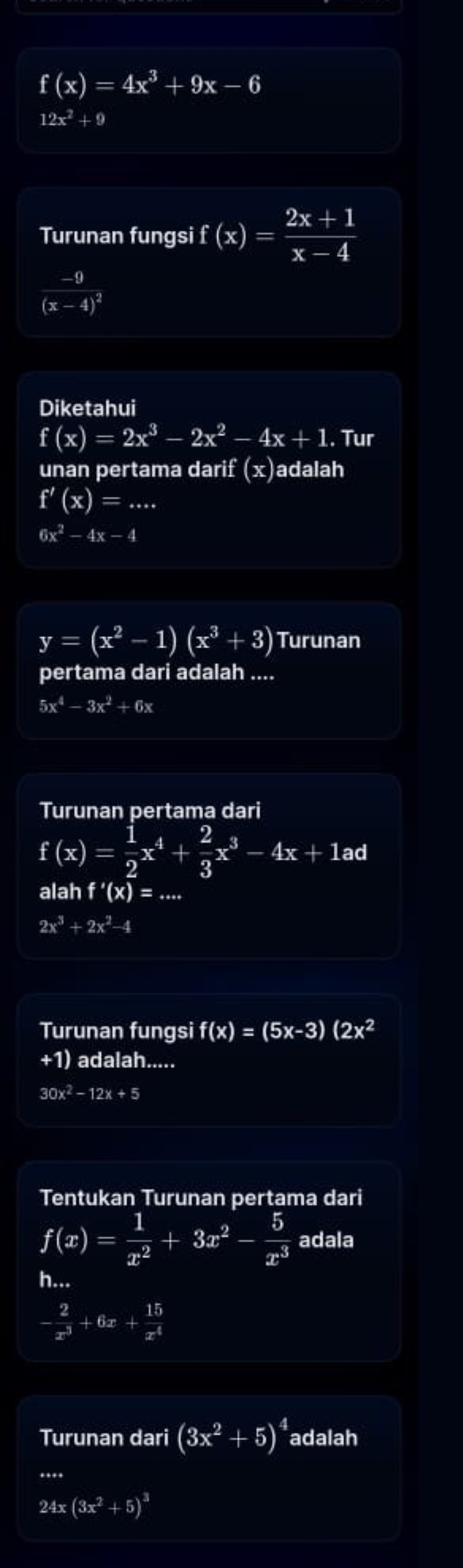 Tentukan turunan pertama dari f(x) = 4x^3 + 9x - 6. Tentukan turunan fung..