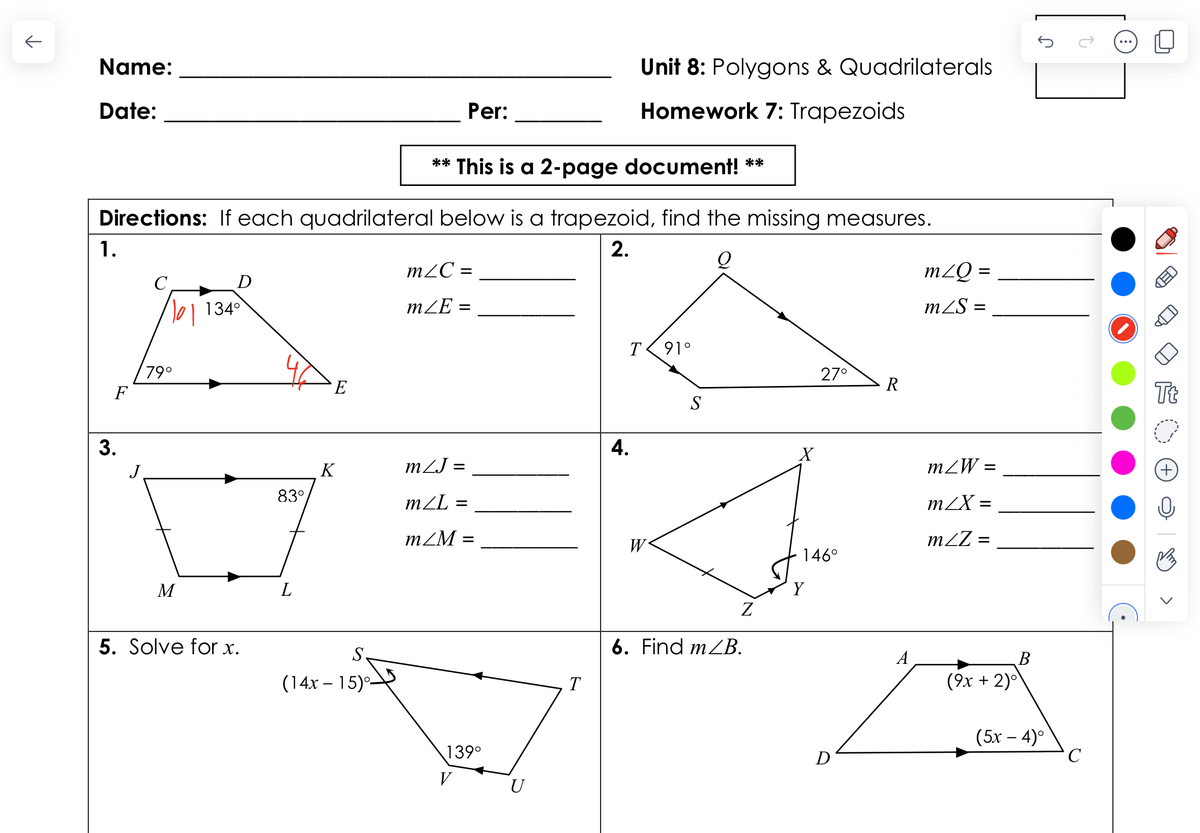Directions: If each quadrilateral below is a trapezoid, find the missing
