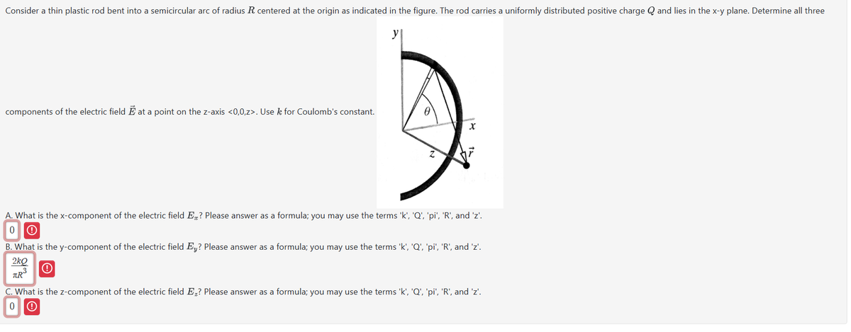Consider a thin plastic rod bent into a semicircular arc of radius R cent..