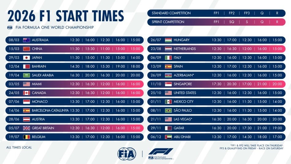 Formula 1 2026 schedule: full GP start times revealed, Montreal race ...