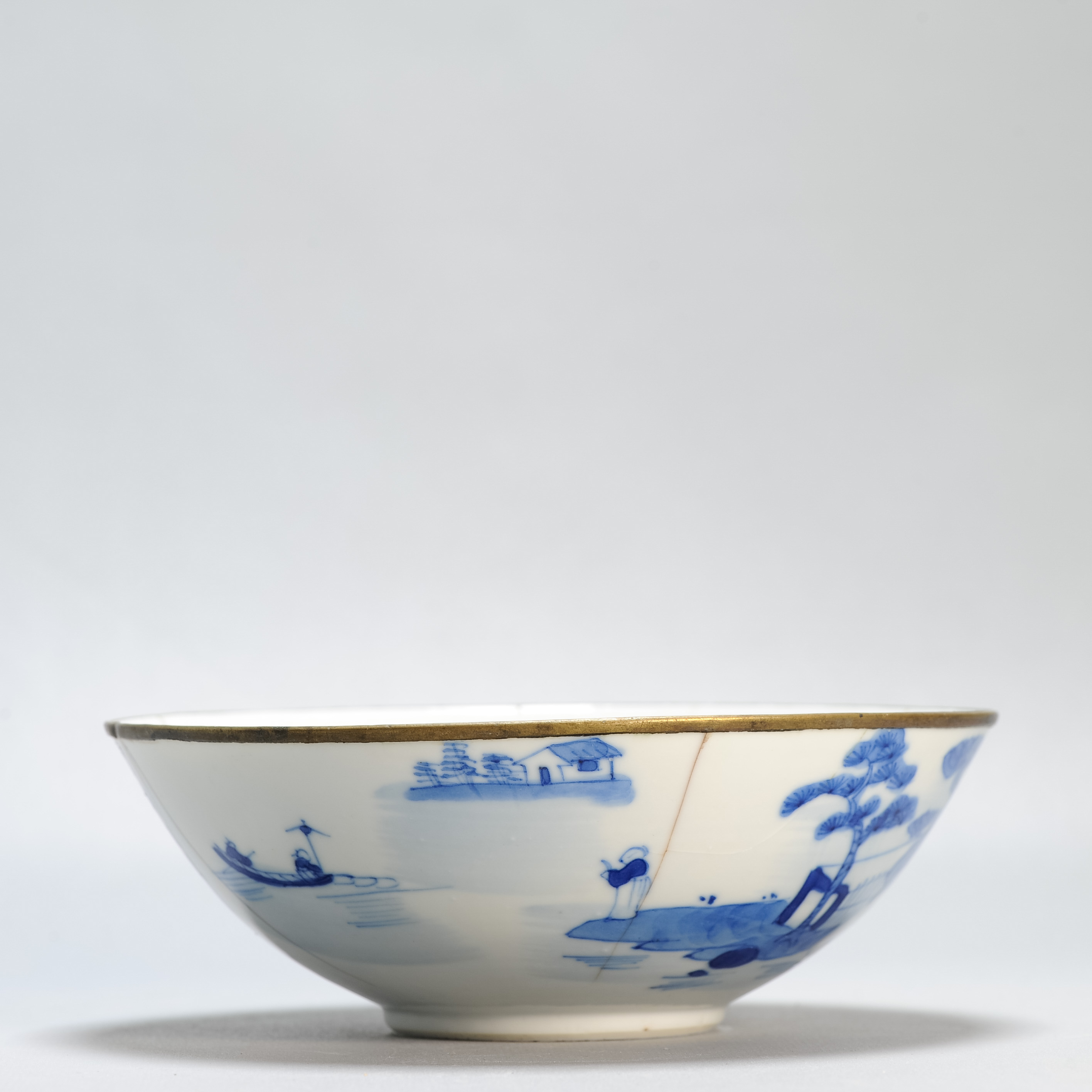 Antique Chinese Porcelain 19C Bleu de Hue Bowl Figural Landscape Marked ...