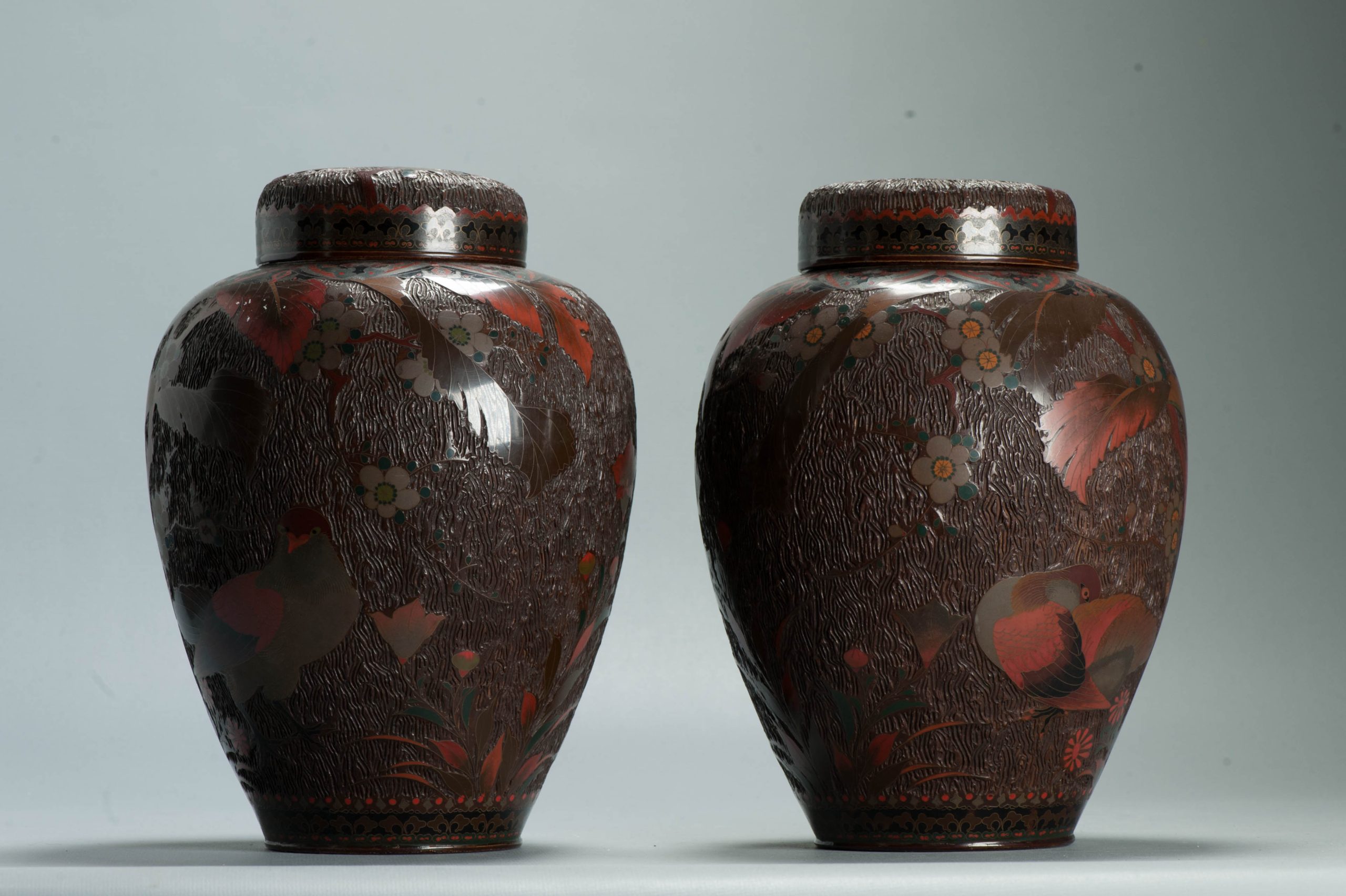 Antique 19th C Japanese Totai Shippo Tree Bark Cloisonne Vases Birds ...