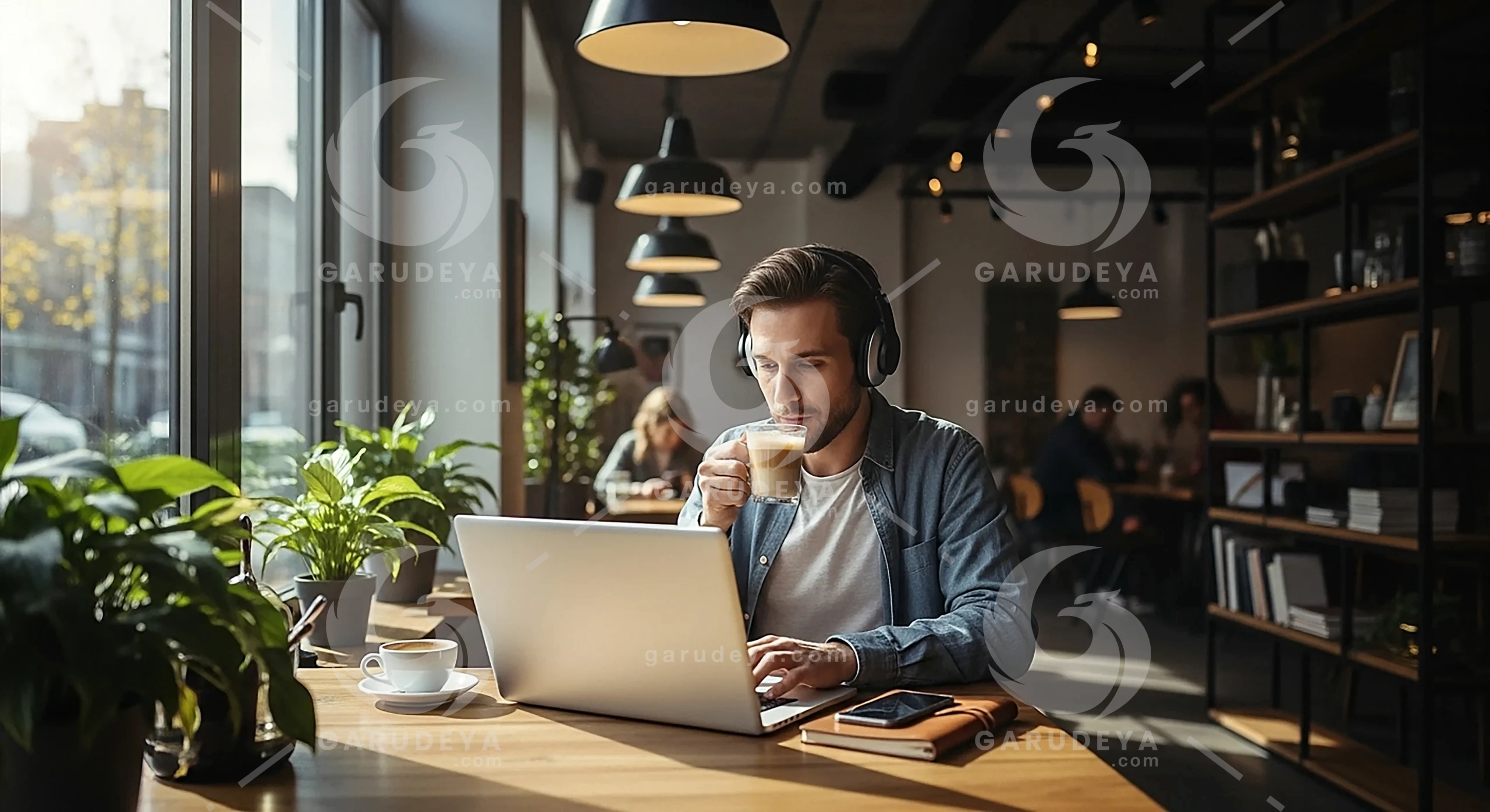Remote Work Cafe Scene - Modern Vibe | Garudeya.com