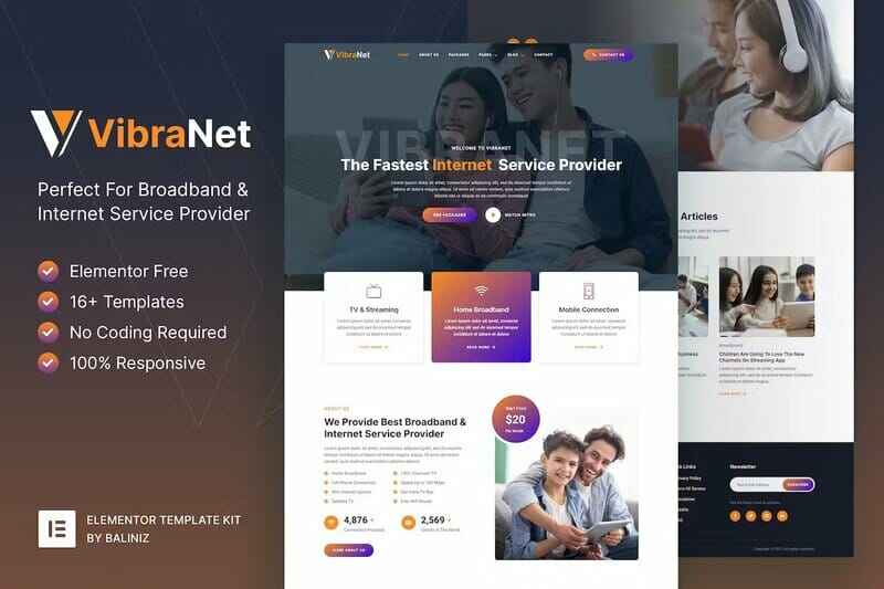 Vibranet – Broadband & Internet Service Provider Elementor Template Kit ...