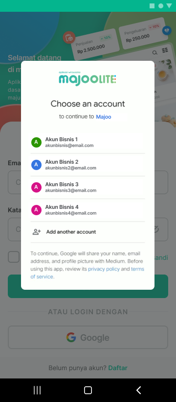 Login dengan Akun Gmail - majoo