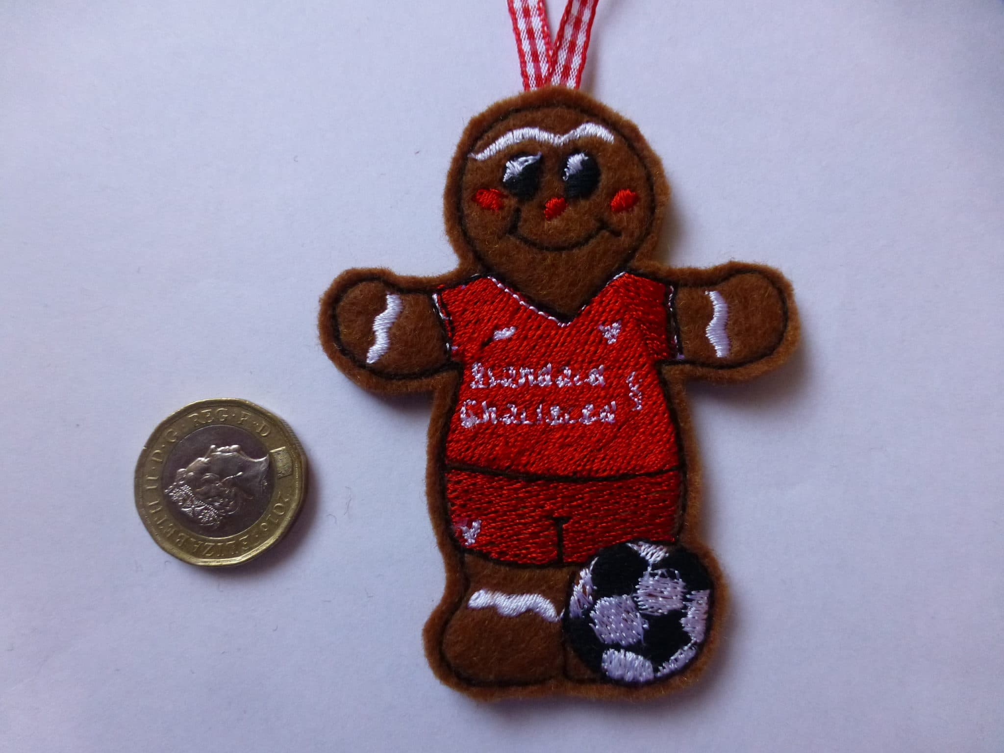 Hanging decoration gingerbread man footballer wearing Liverpool colours ...