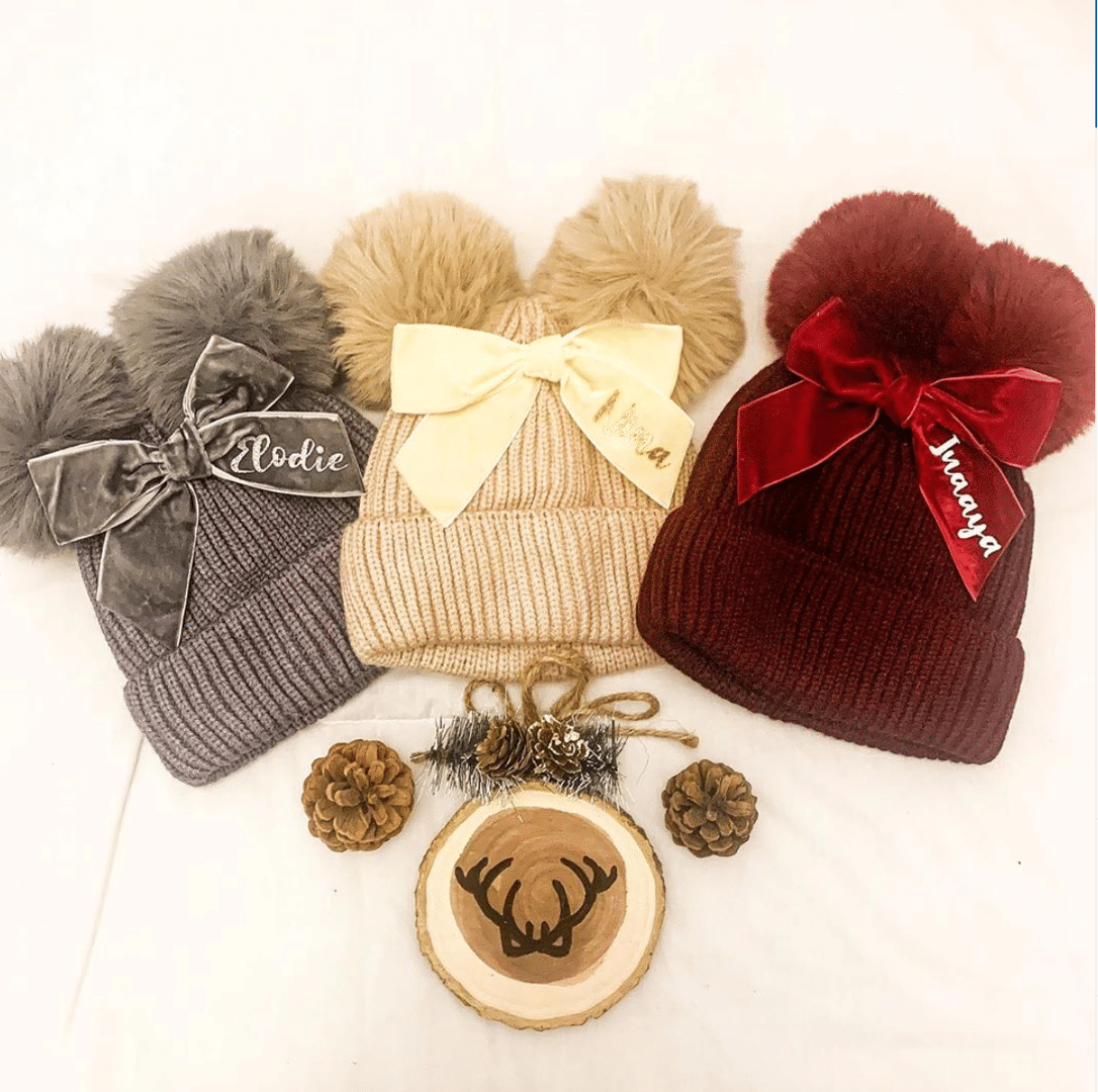 Personalised Double Pom Pom Bow childrens hat • Made By Mums