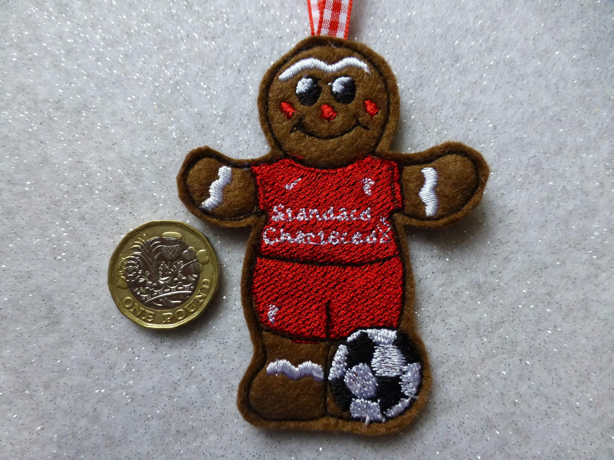 Hanging decoration gingerbread man footballer wearing Liverpool colours ...
