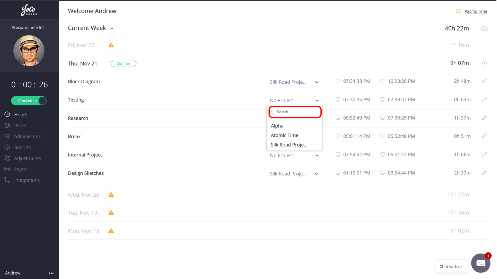 Associate Time Entries to Projects - YoCoBoard - Support