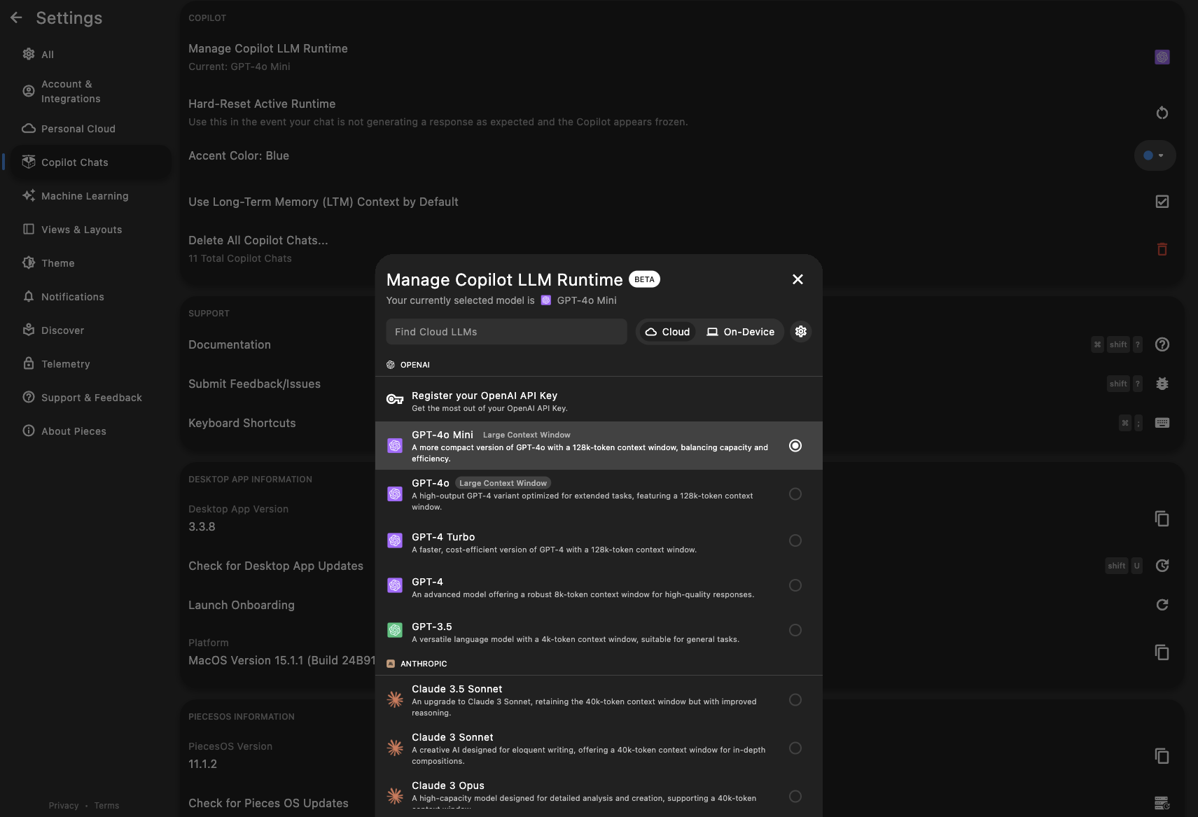 Configuring Copilot and Machine Learning Settings | Pieces Docs