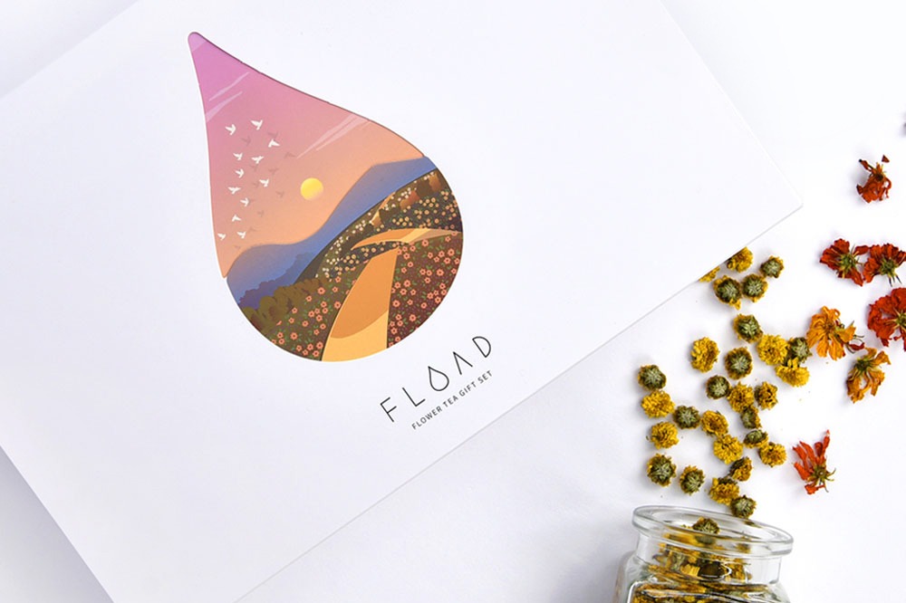 플로드 꽃차 티tea 기프트 세트 Sunset Ver 패키지 디자인 패키지 컨셉개발 리브랜딩 및 리디자인 캐릭터 및 일러스트 지기구조 설계 프로토타입 제작