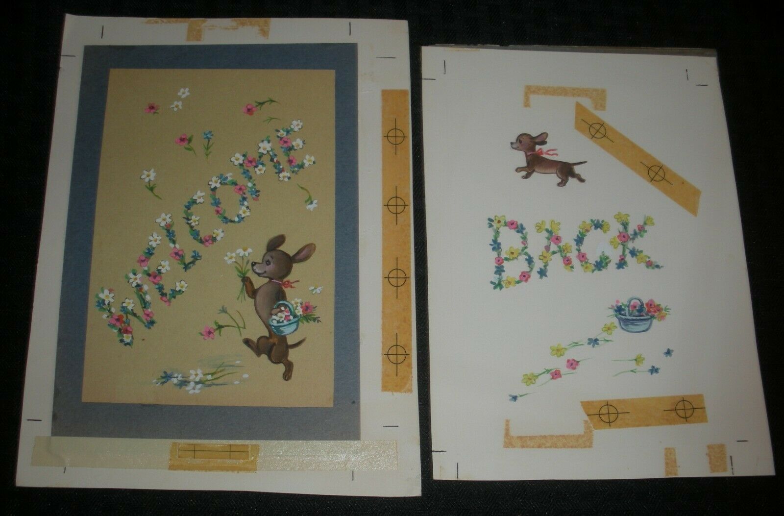 WELCOME BACK Cartoon Dog w Flowers SET of 2 6.5x9" Greeting Card Art ...