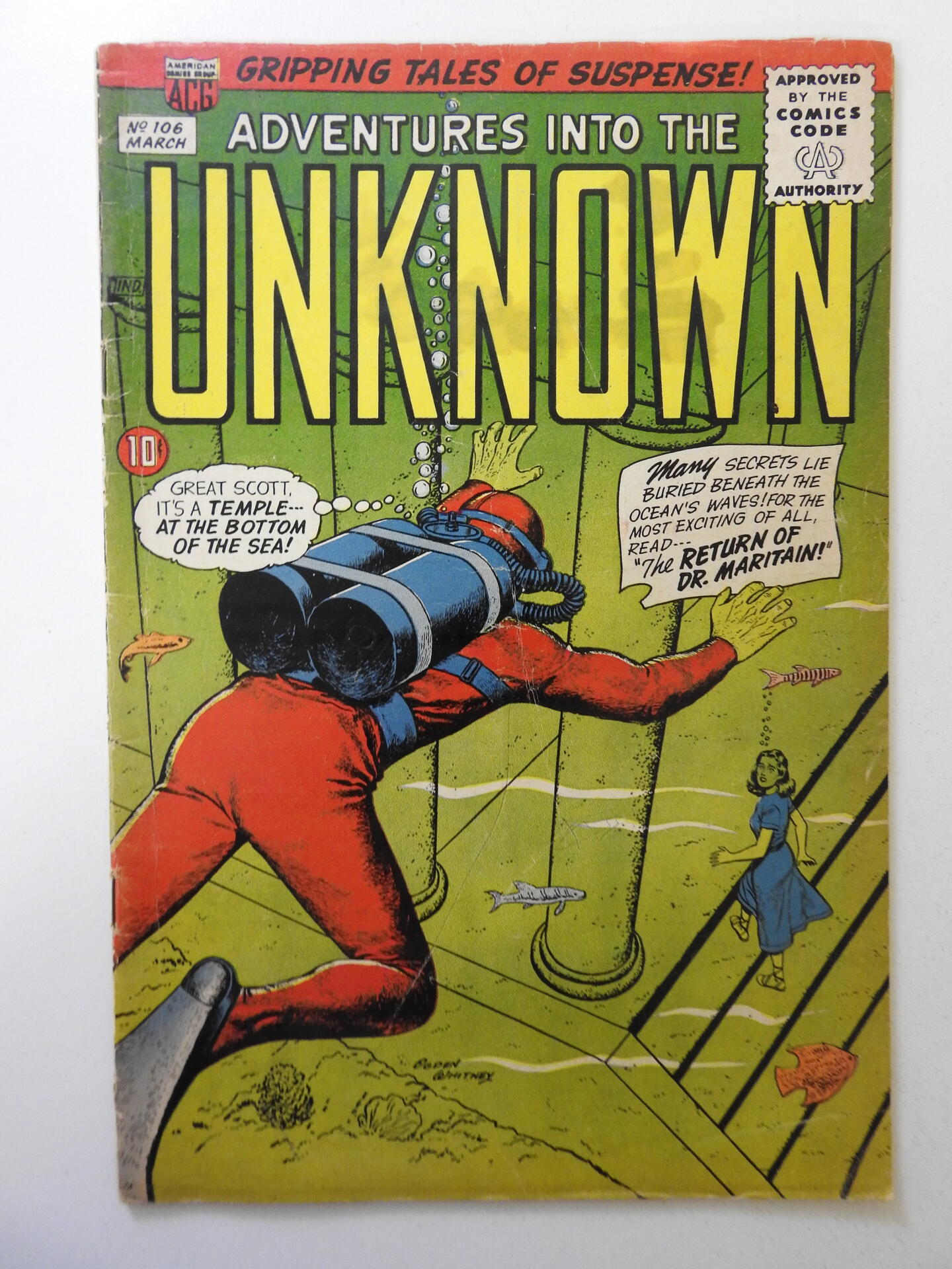 Adventures into the Unknown #106 (1959) VG- Condition! Staining fc/bc ...