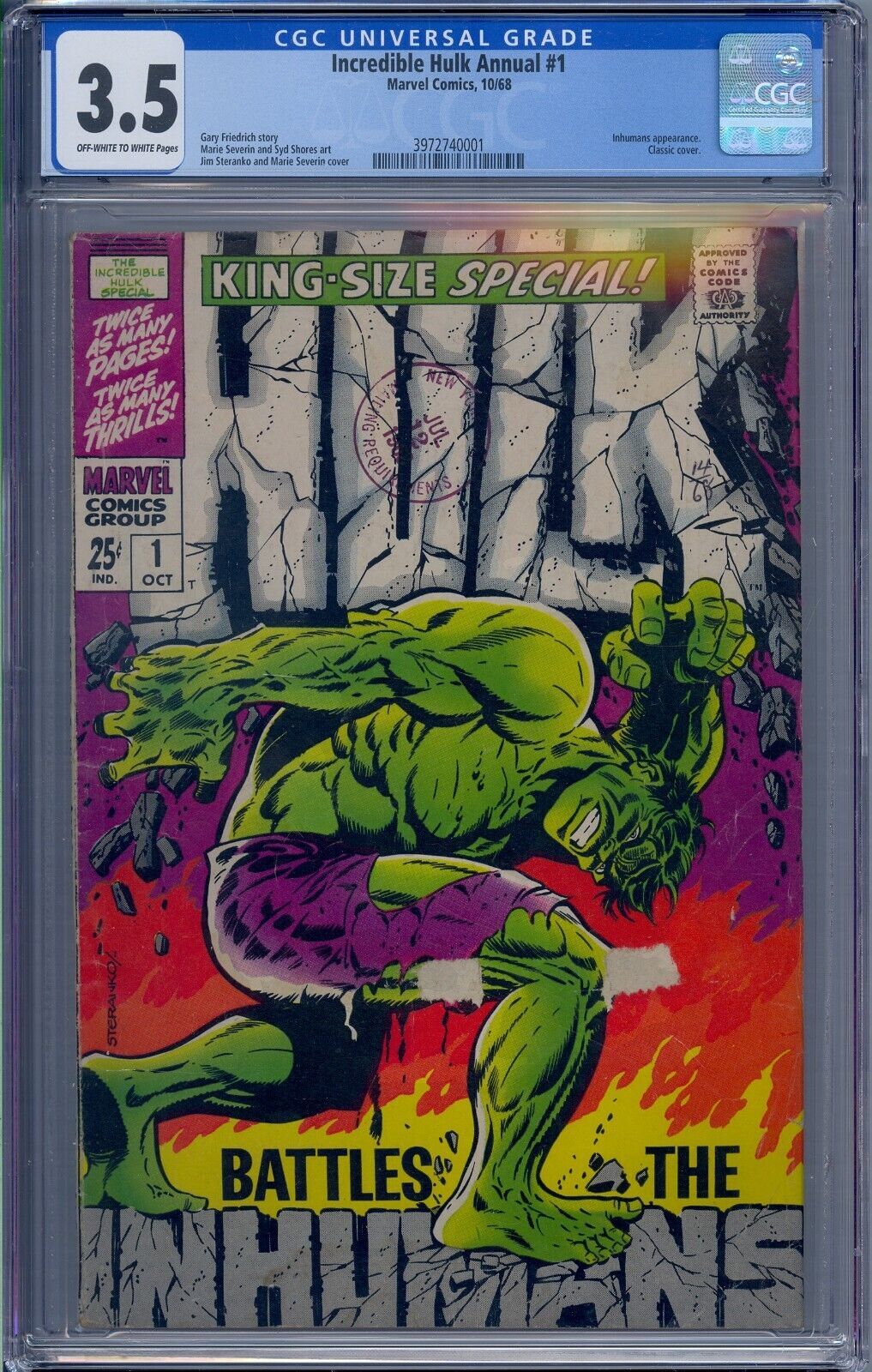 Incredible Hulk Annual #1 CGC 3.5 Inhumans Classic Cover JIM Steranko ...