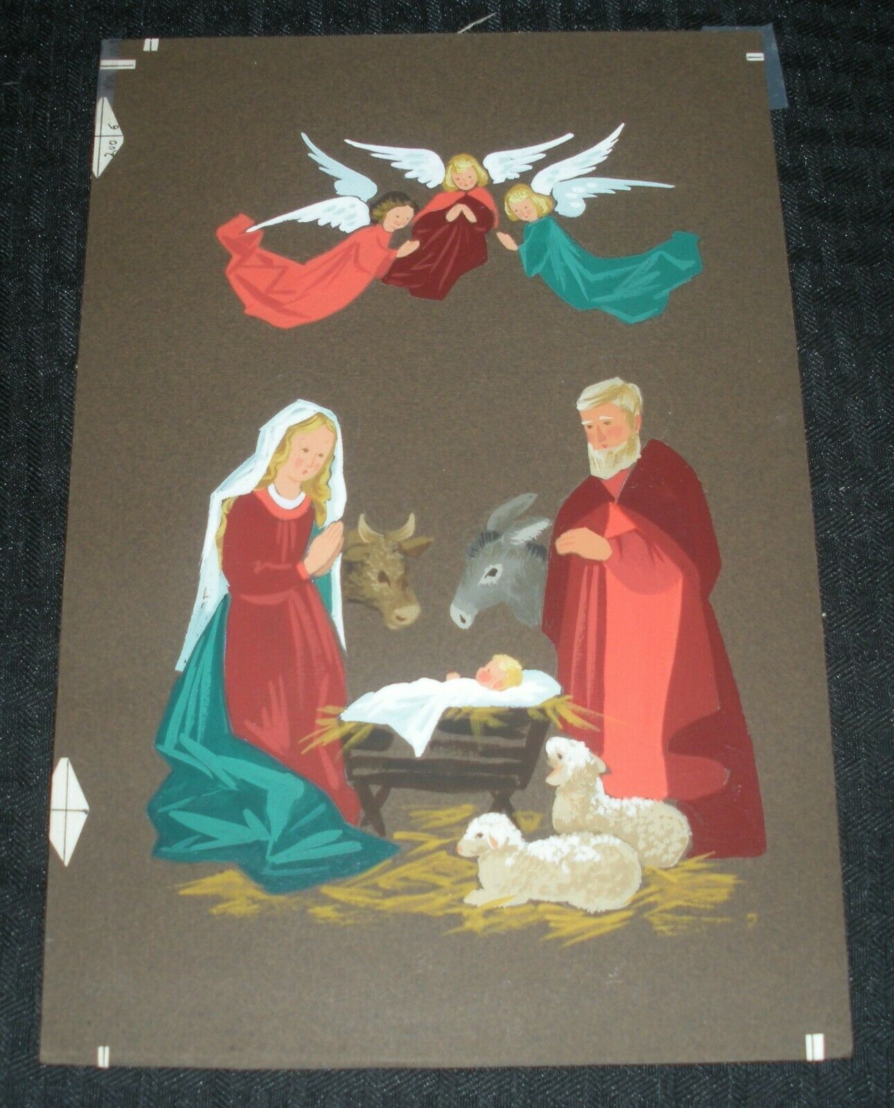 CHRISTMAS Nativity w/ 3 Angels Sheep Donkey 7x10.25" Greeting Card Art ...