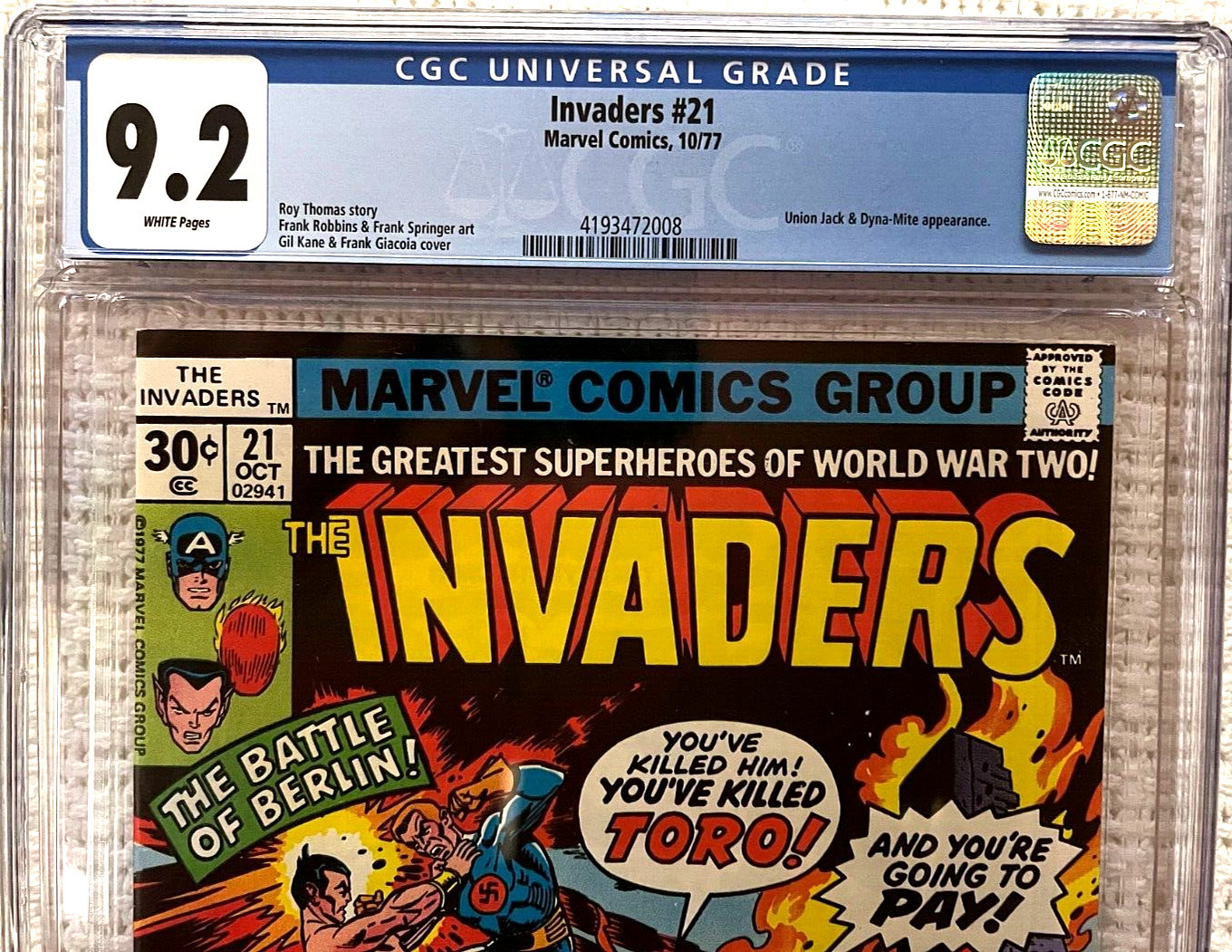 Marvel the Invaders #21 GIL Kane Cover Union Jack & Dyna-Mite CGC 9.2 ...