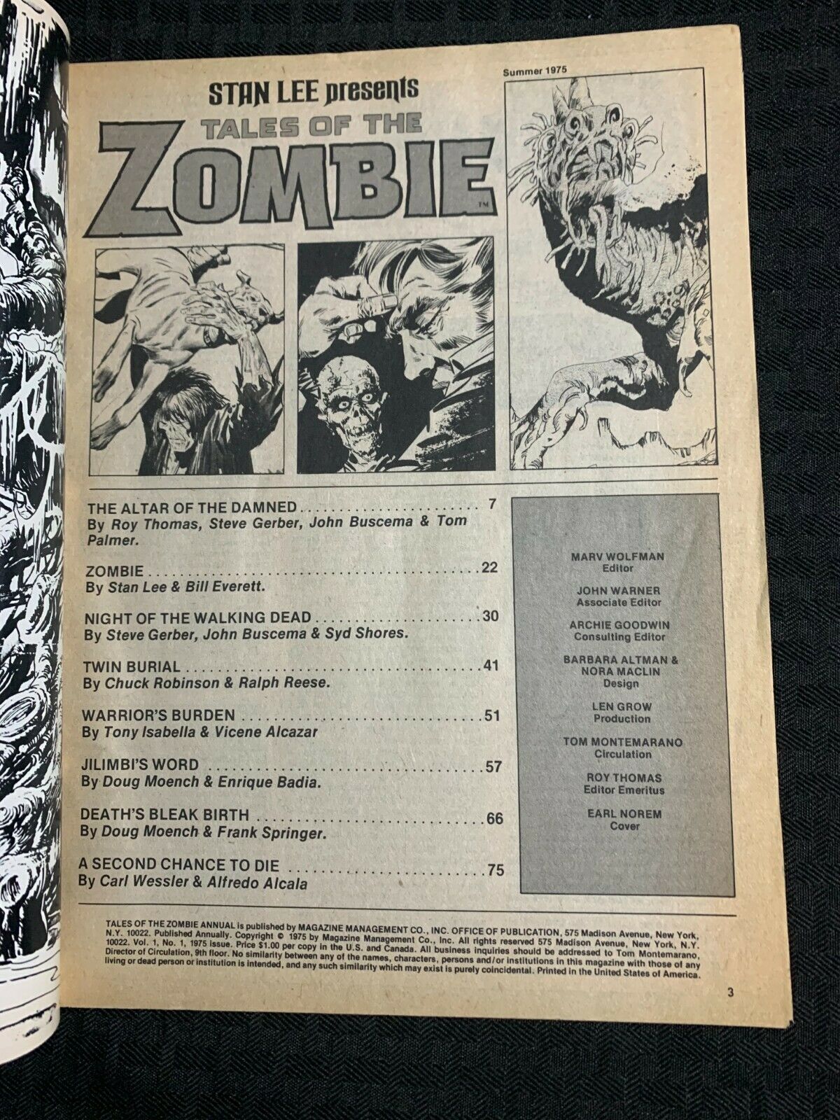 1975 TALES OF THE ZOMBIE ANNUAL Magazine #1 VG 4.0 John Buscema Earl ...