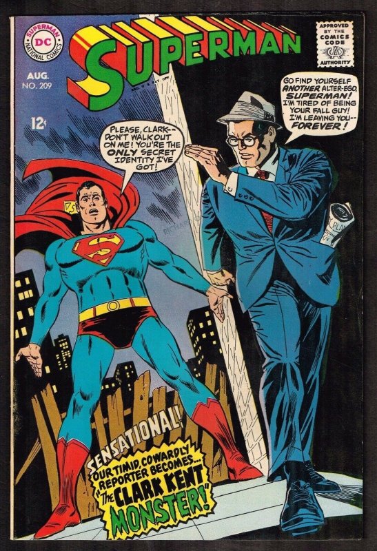 Superman #209 ~ "The Clark Kent Monster!" ~ 1968 (7.0) WH | Comic Books ...
