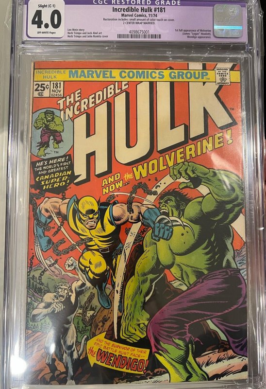 Incredible Hulk #181 CGC 4.0 RESTORED GRADE (C-1) 1974 1st Full app ...
