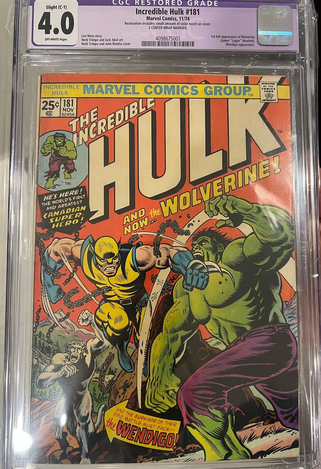 Incredible Hulk #181 CGC 4.0 RESTORED GRADE (C-1) 1974 1st Full app ...