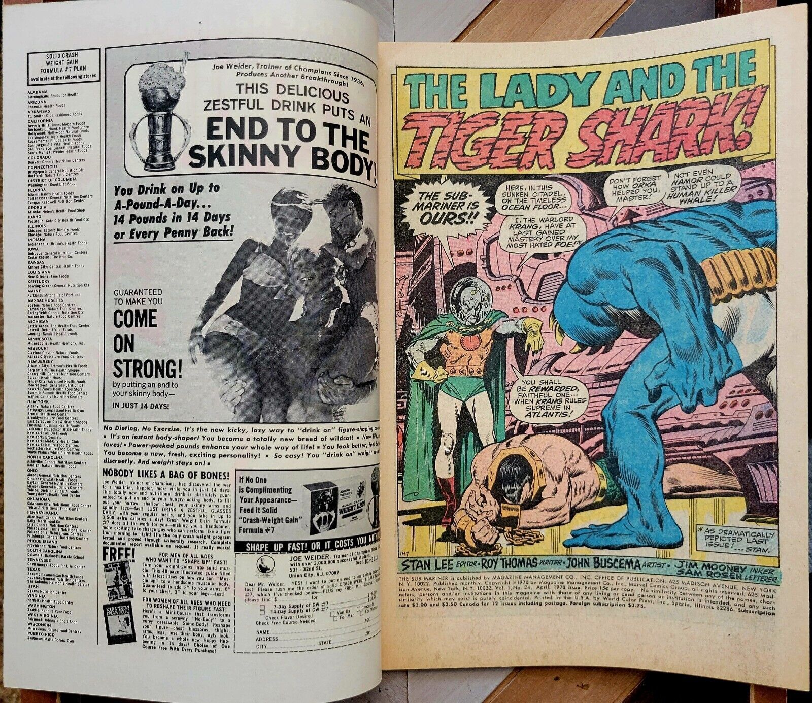 Sub-Mariner #24 FN (Marvel 1970) TIGER SHARK, LADY DORMA, ORKA, Buscema ...