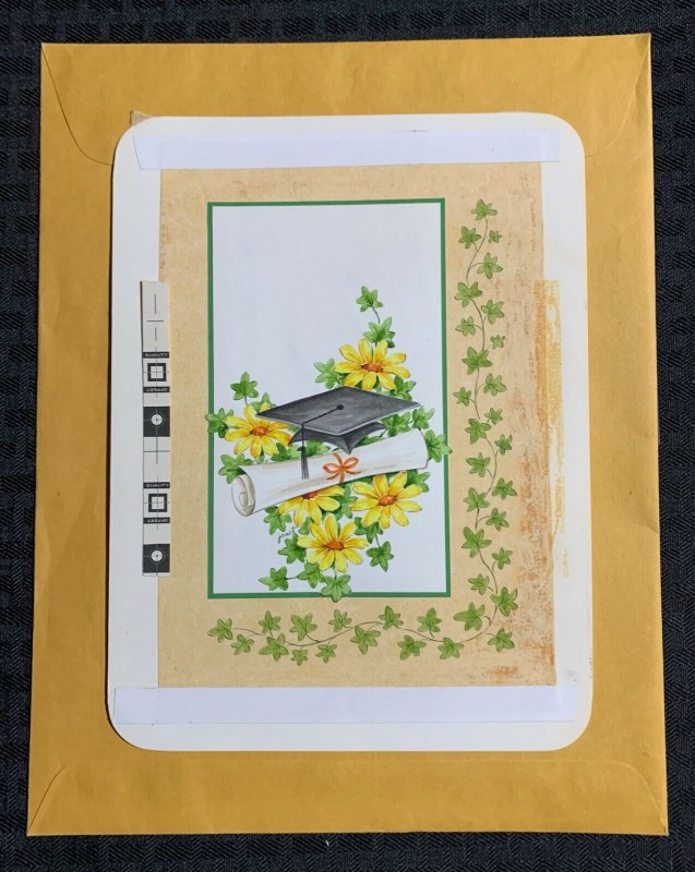 ON YOUR GRADUATION Cap Diploma & Yellow Flowers 7x9" Greeting Card Art ...