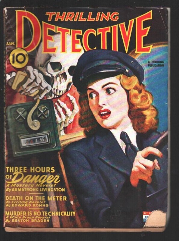 Thrilling Detective 1/1945-Skeleton attacks female bus driver cover ...