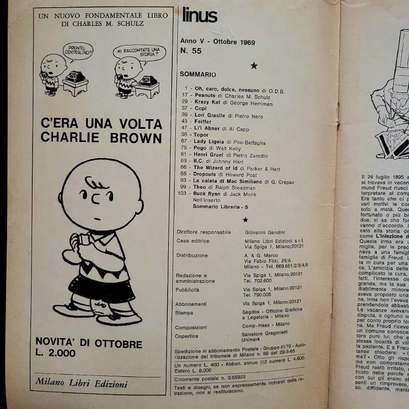 LINUS #55 VG (Italian Comic Magazine Oct 1969) PEANUTS, LITTLE NEMO ...