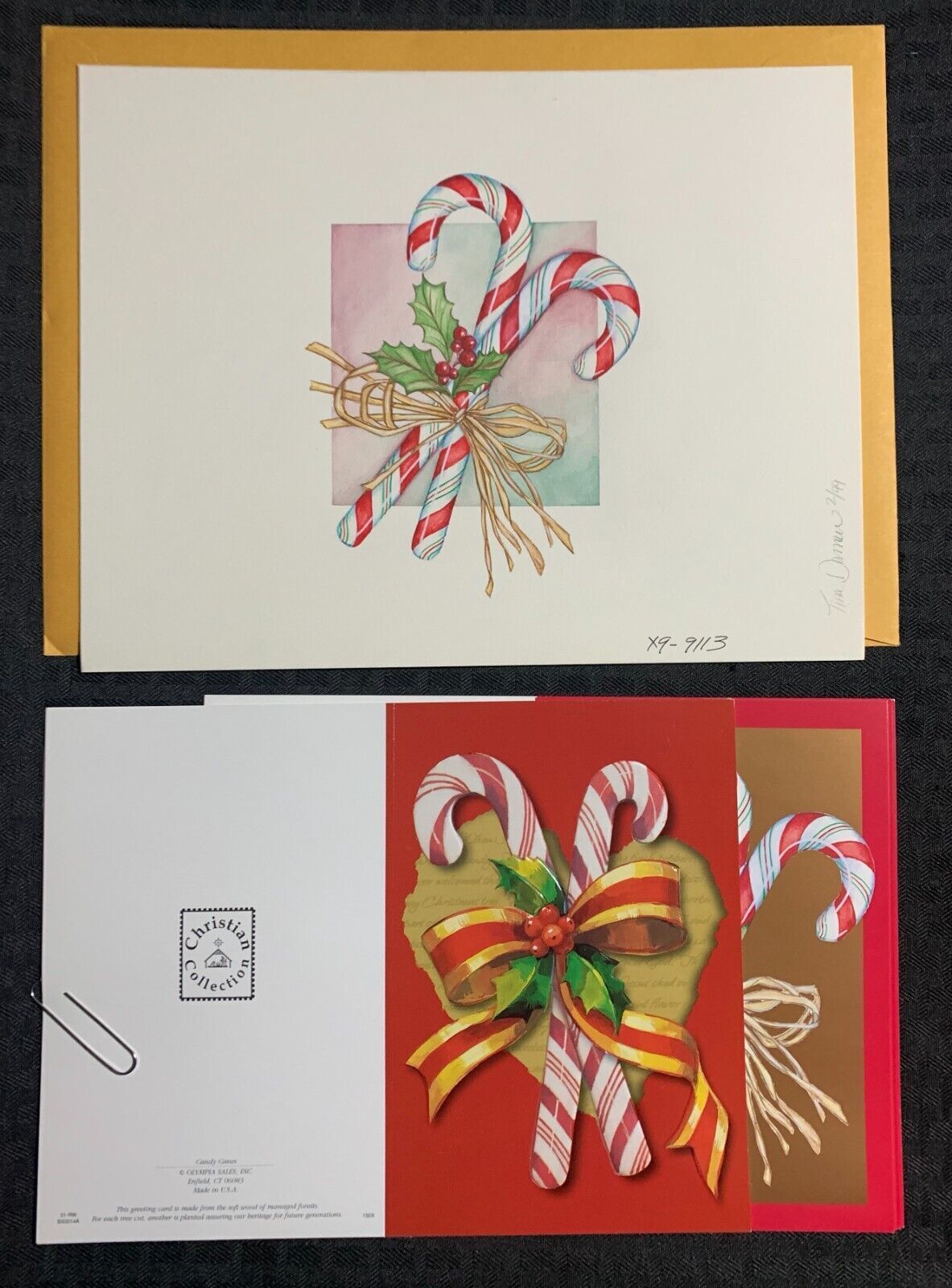 CHRISTMAS Candy Canes & Holly 11x8.5" Greeting Card Art #9113 w/ 10 ...