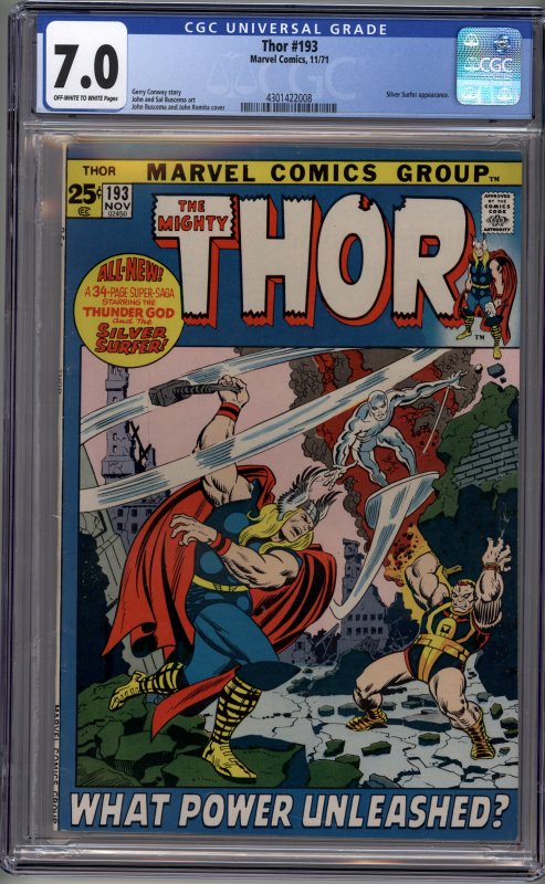 Thor #193 (1971) CGC 7.0 FN/VF Classic Battle With Silver Surfer ...