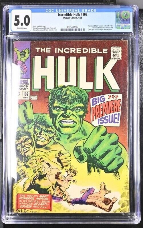 (1968) INCREDIBLE HULK #102 CGC 5.0 OWP! Origin Retold! Big Premiere ...