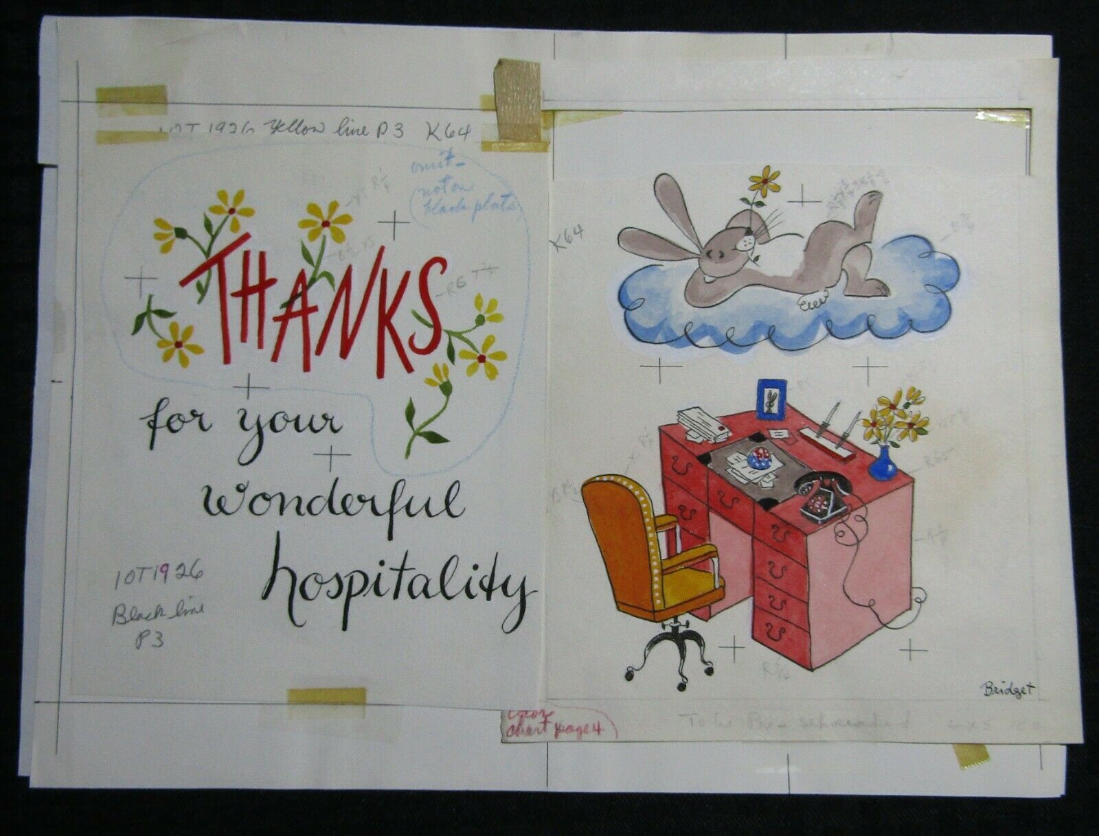THANK YOU Cartoon Rabbit on Cloud in Office 2-Panel 12x9 Greeting Card ...