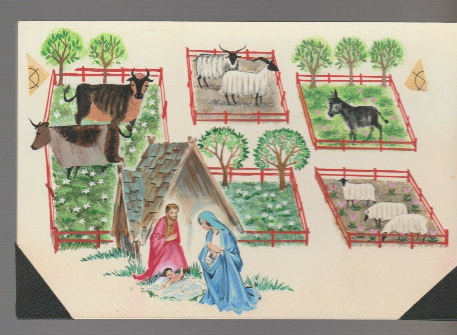 RELIGIOUS Nativity Scene w/ Animals in Pens 7x4.5" Greeting Card Art # ...