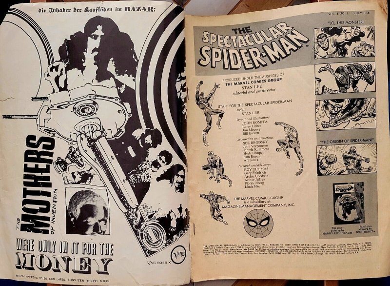 SPECTACULAR SPIDER-MAN MAGAZINE #1 G/VG (Marvel 1968) Stan Lee & John ...