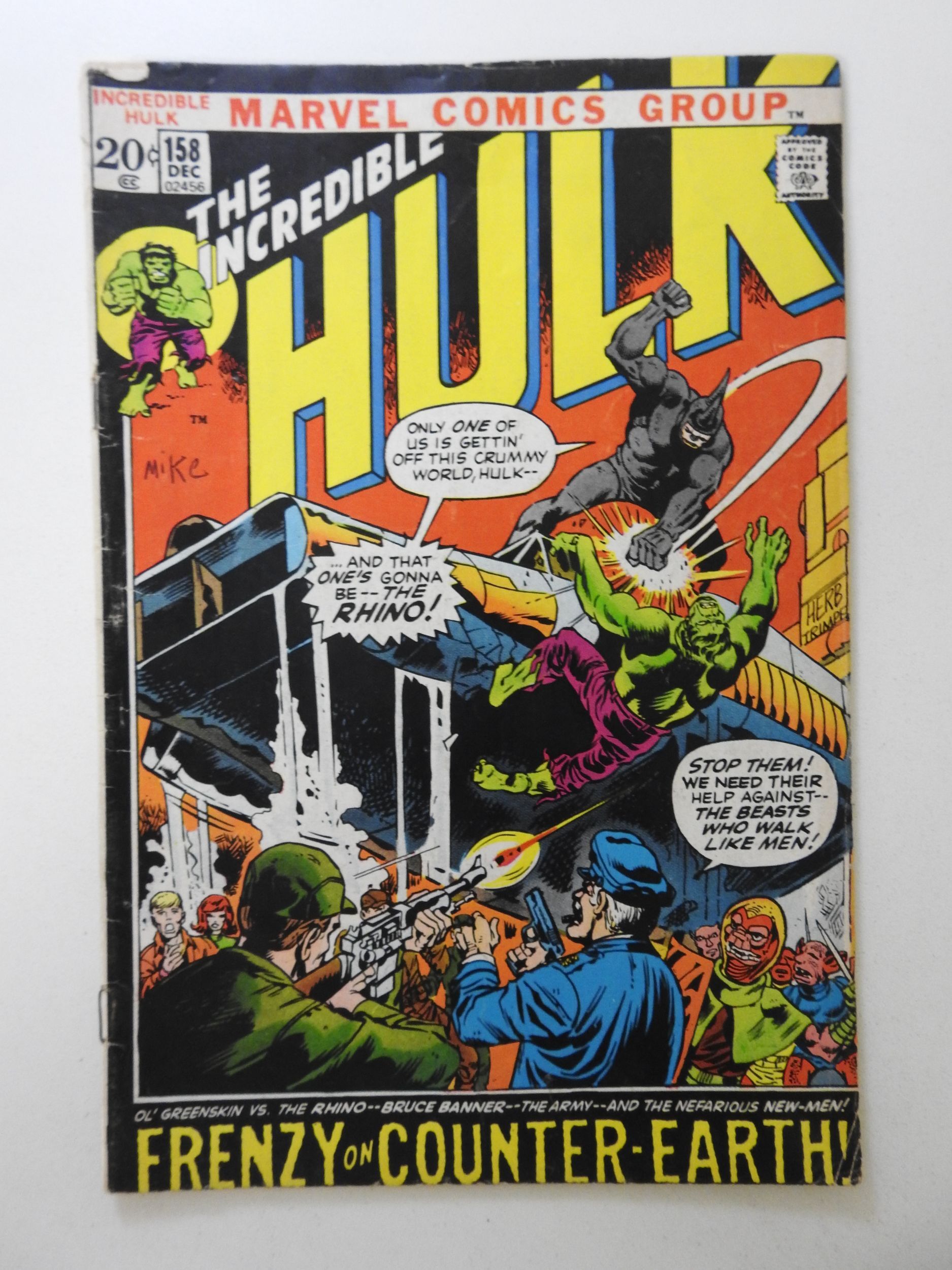 The Incredible Hulk #158 (1972) vs The Rhino! Solid VG Condition ...