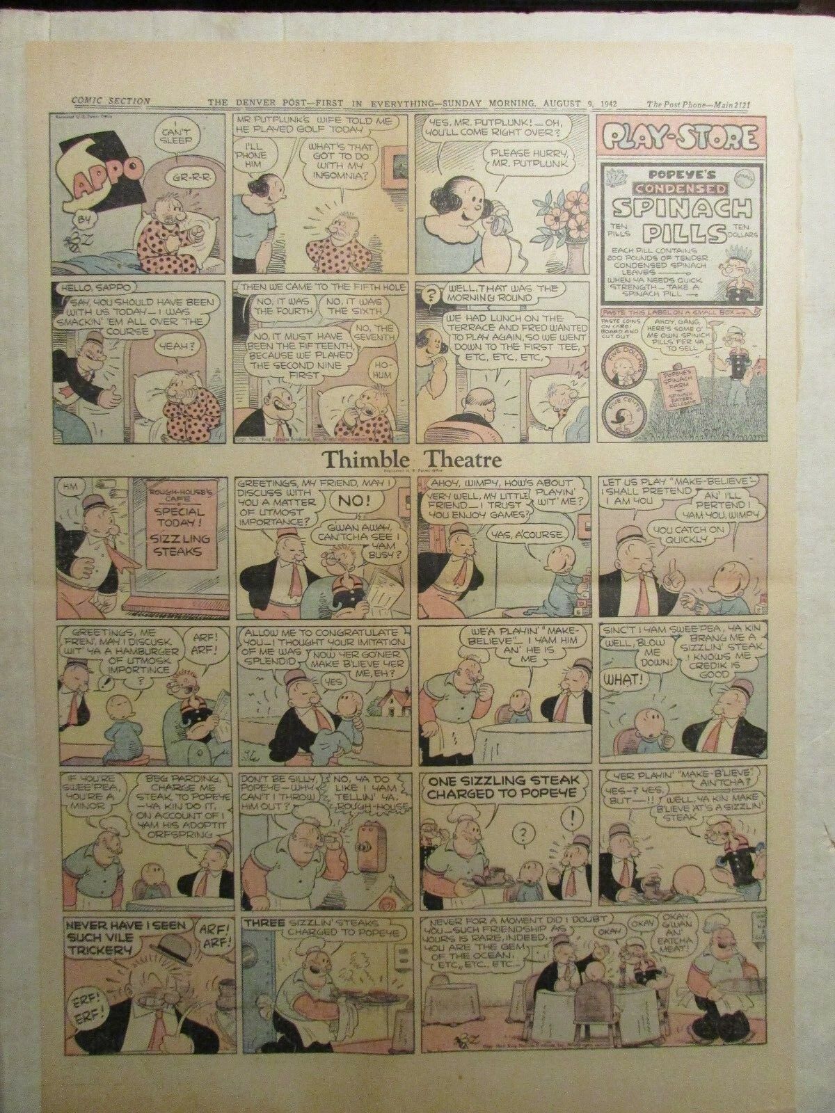 1942 Aug 9 SUNDAY COMIC PAGE 15x21" FN 6.0 Popeye / Rosie's Beau ...