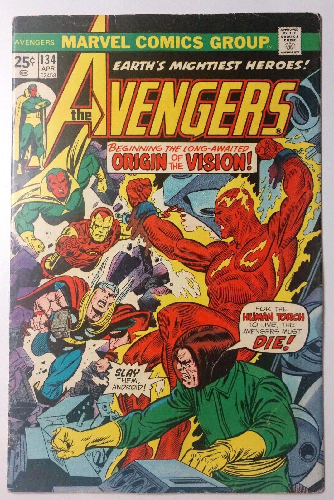 The Avengers #134, Vision learns his body was created from the first ...