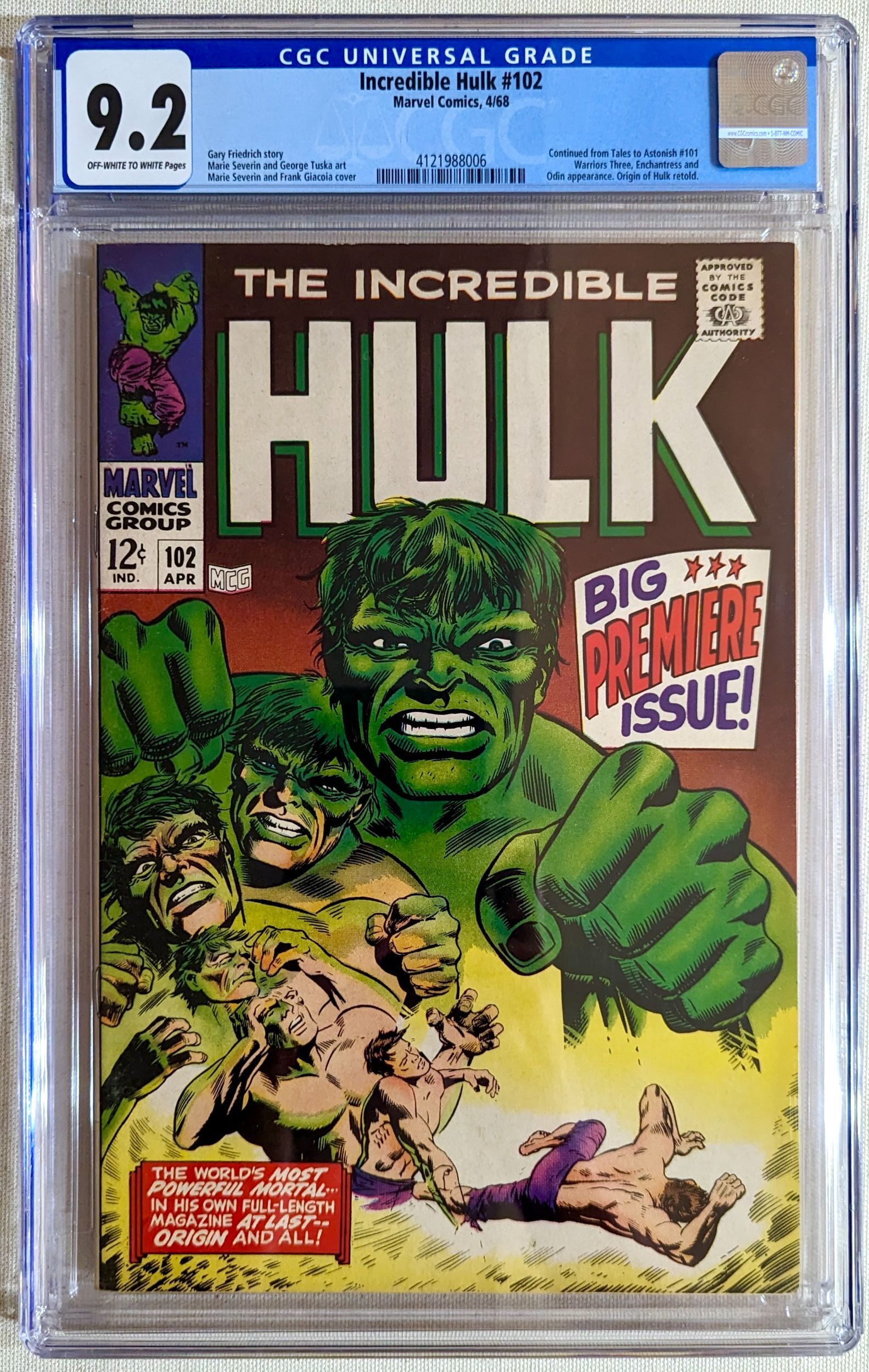 The Incredible Hulk #102 Marvel Comics 1968 Big Premiere Issue CGC 9.2 ...