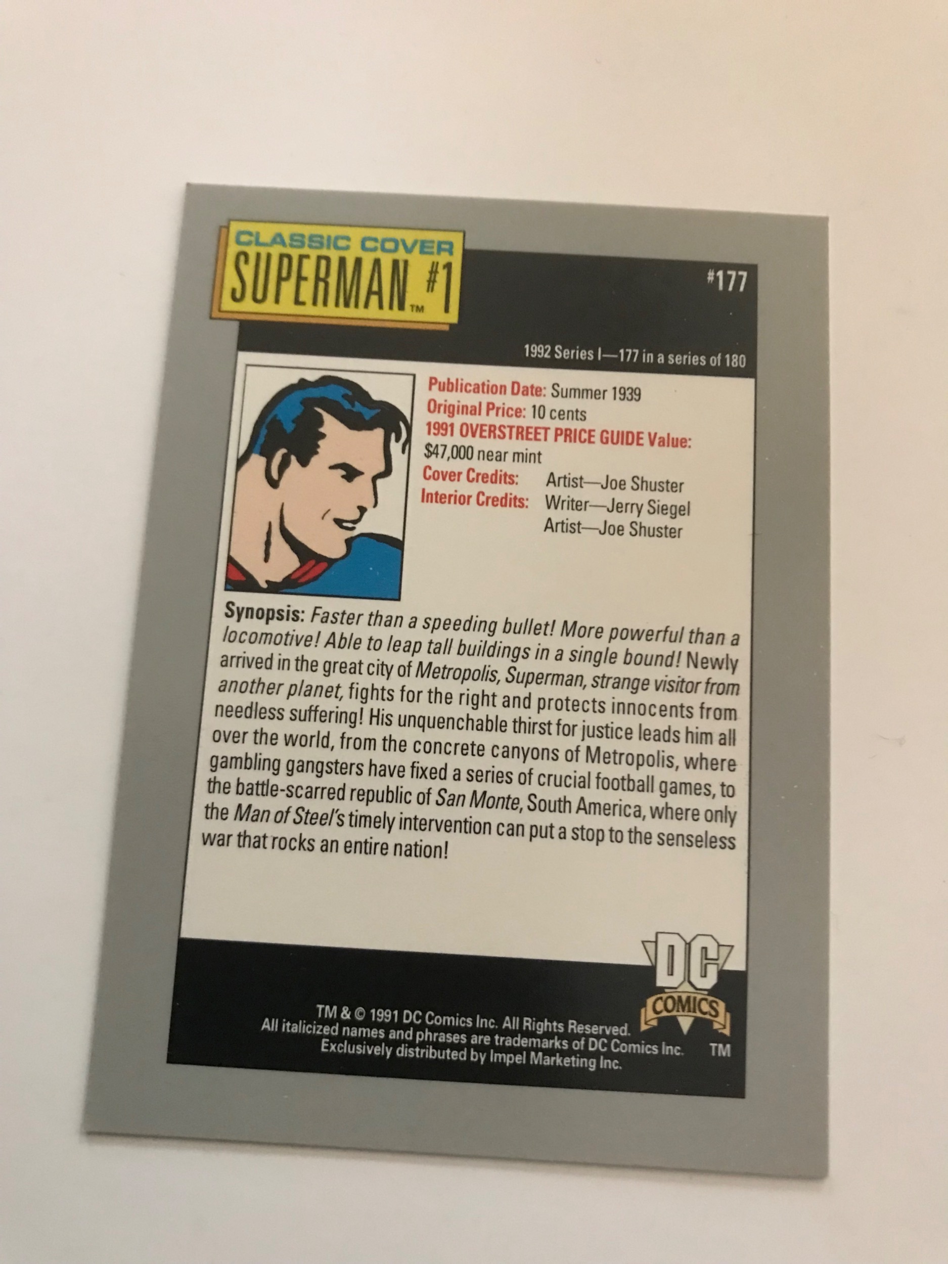 Superman #1 GA Cover (1939) #177 card : 1992 DC Series 1; NM, IMPEL ...