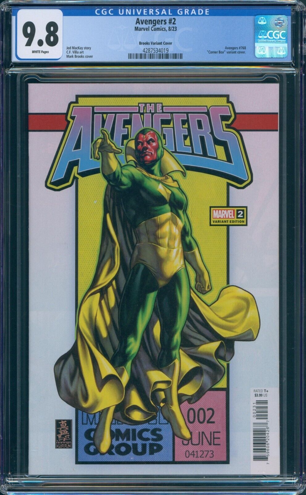 Avengers #2 CGC 9.8 White Pages Brooks Corner Box Variant Marvel 2023 ...