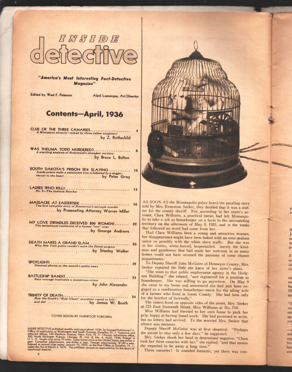 Inside Detective 4/1936-Woman in prison cover-Love Swindle-Thelma Todd ...